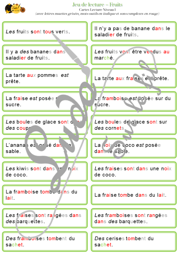 Jeu de lecture - Fruits - Ludo Sur Le Fil