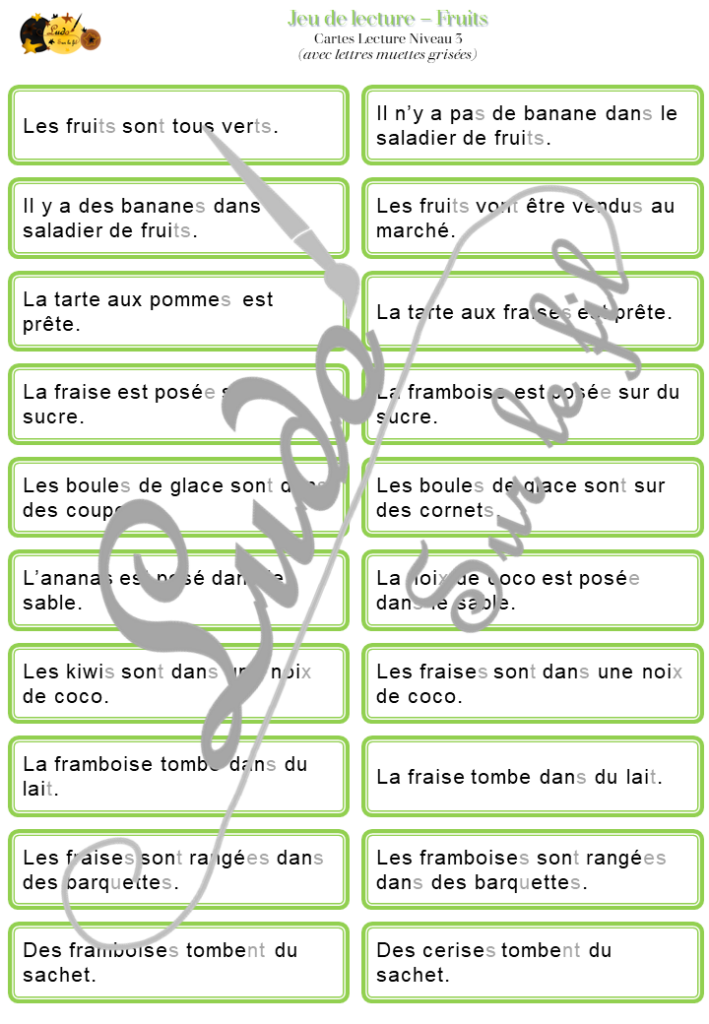 Jeu de lecture - Fruits - Ludo Sur Le Fil